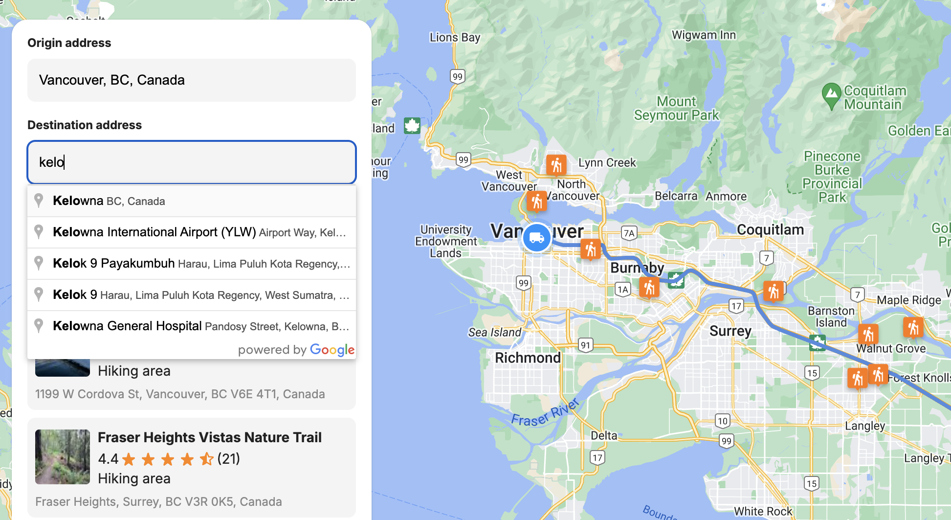 Google Maps Search Along Route