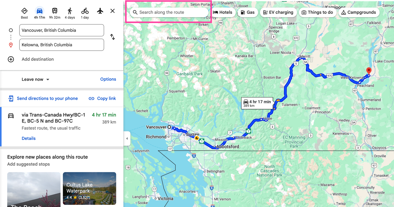Google Maps Search Along Route